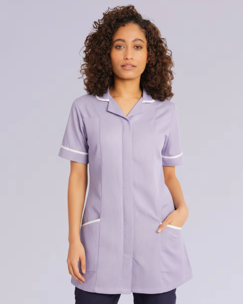 Ladies Tunic with Round Collar - Lilac/White Stripe – Harveys Workwear